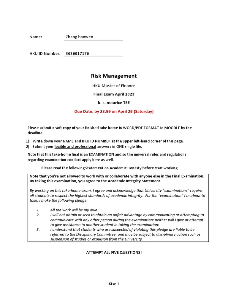 HKU MFin Risk Management Exam 2023 | PDF