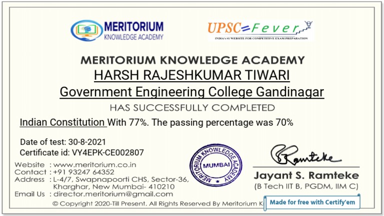 Certificate For HARSH RAJESHKUMAR TIWARI For - Indian Constitution | PDF Certificate For HARSH RAJESHKUMAR TIWARI For - Indian Constitution | PDF