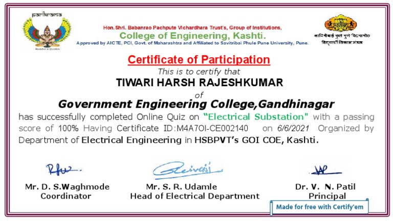 Certificate for TIWARI HARSH RAJESHKUMAR for _Online quiz on'Electrical S..._ | PDF