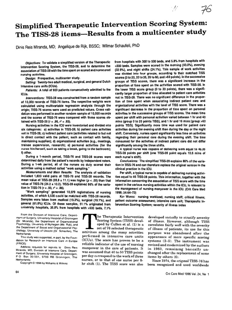 Simplified Therapeutic Intervention Scoring System The TISS-28 | PDF