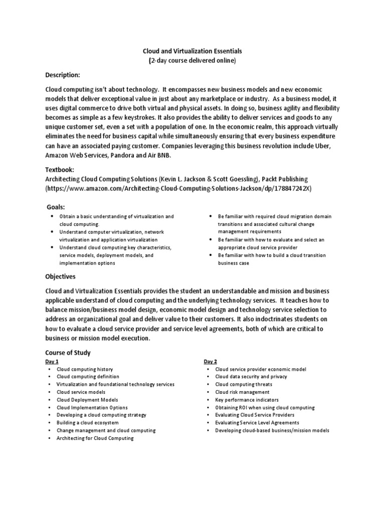 Cloud And Virtualization Essentials Course Overview And Bio Pdf Cloud Computing Virtualization