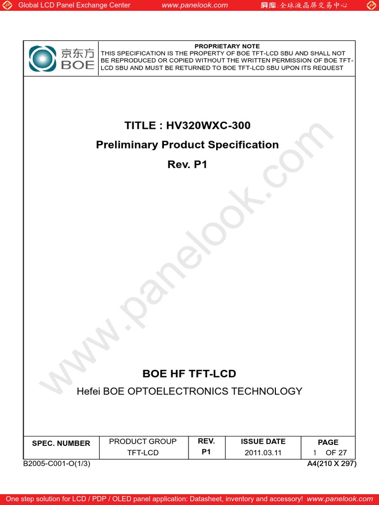 Preliminary Product Specification for the BOE HF TFT-LCD HV320WXC-300 31.51 | PDF | Thin Film ...