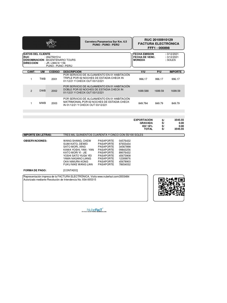 Factura Hotel San Antonio | PDF