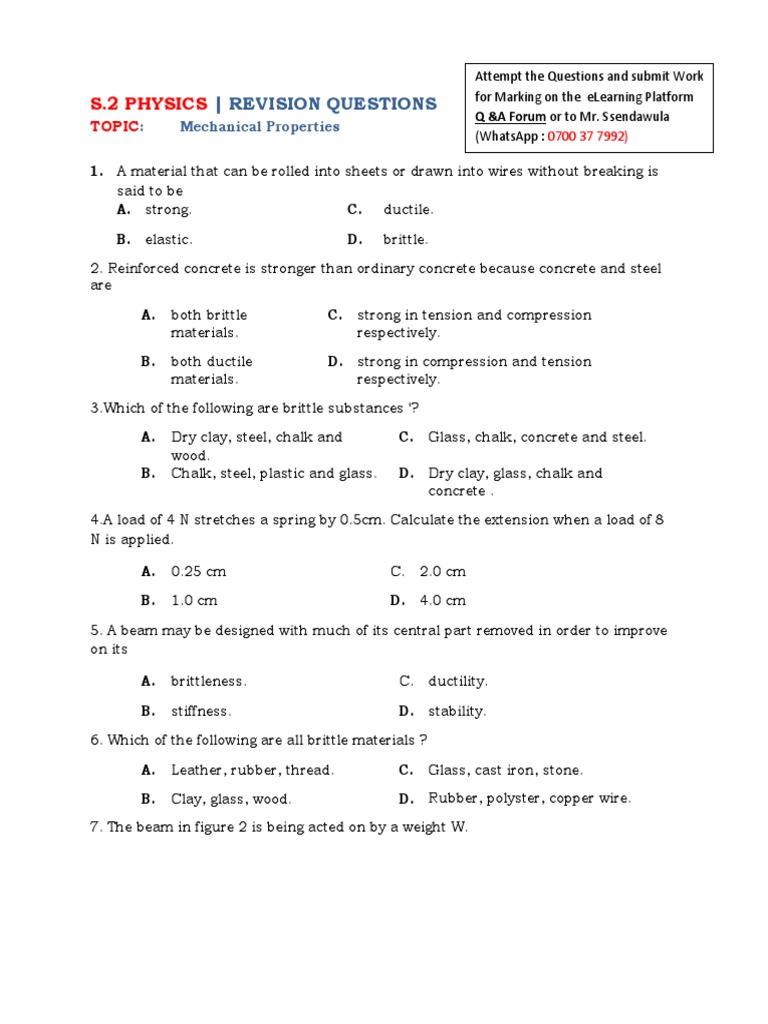 s2 Physics Trpical Revision Questions Mechanical Properties Nabisunsa ...