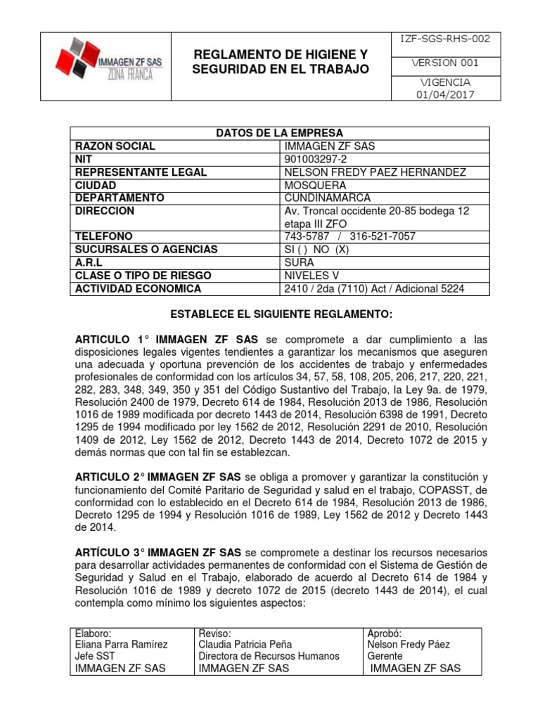 Izf-Sgs-Rhs-002 Reglamento de Higiene y Seguridad en El Trabajo Ok | PDF | Seguridad y salud ...