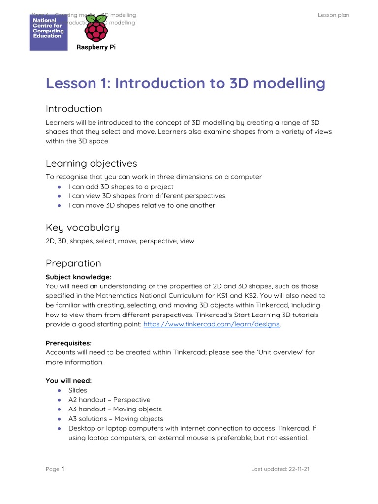 L1 Lesson Plan - 3D Modelling - Y6 | PDF | 3 D Computer Graphics | 3 D Modeling