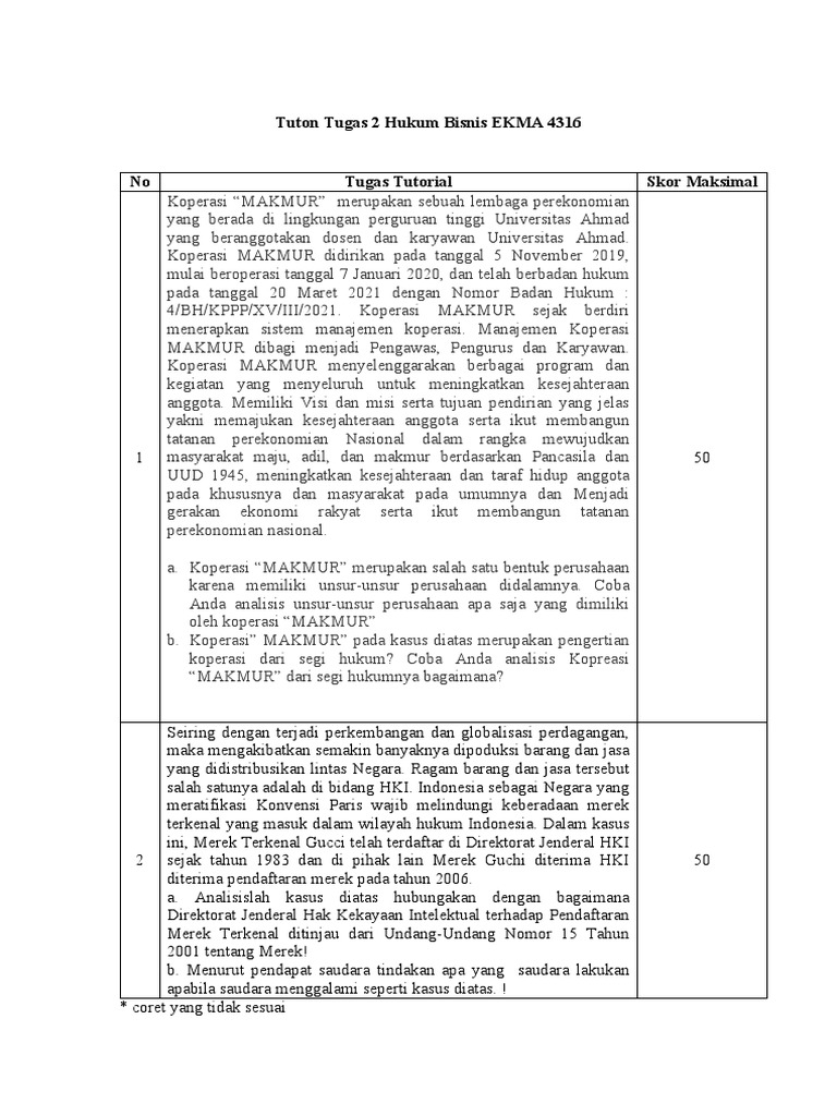 Tuton Tugas 2 HUKUM BISNIS 2023 EKMA 4316 | PDF