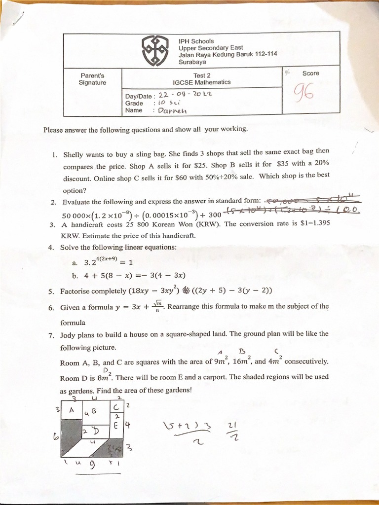 IPH Kls X IGCSE Math Test 2 | PDF