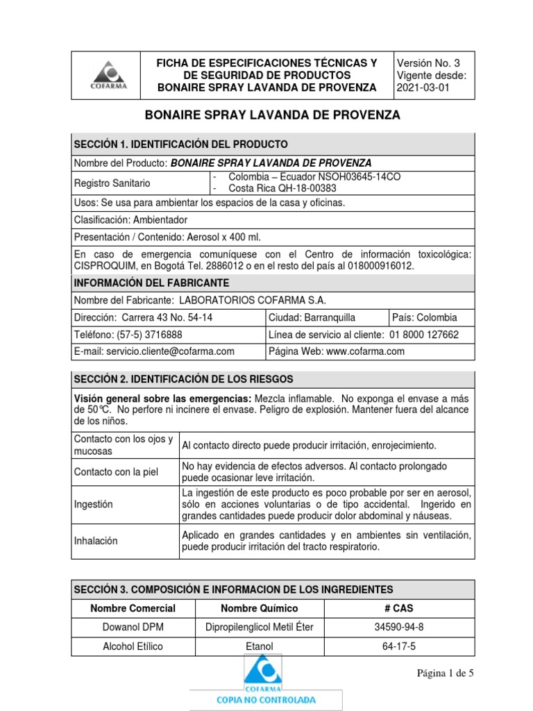 Ficha Técnica de Bonaire Spray Lavanda | PDF | Agua | Etanol