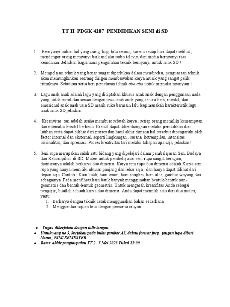 TT II PDGK 4207 PENDIDIKAN SENI Di SD | PDF | Karier & Perkembangan