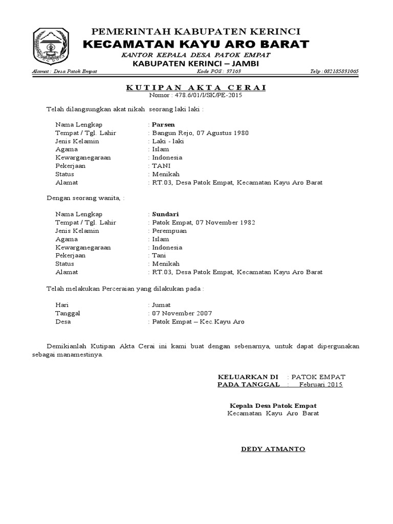 Surat Keterangan Kutipan Akta Cerai | PDF