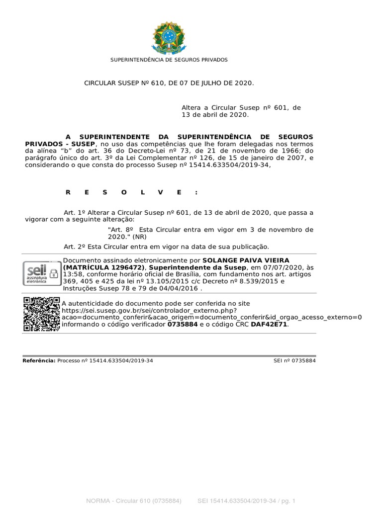 Circular Susep #610 de 07 de Julho de 2020 | PDF | Direito
