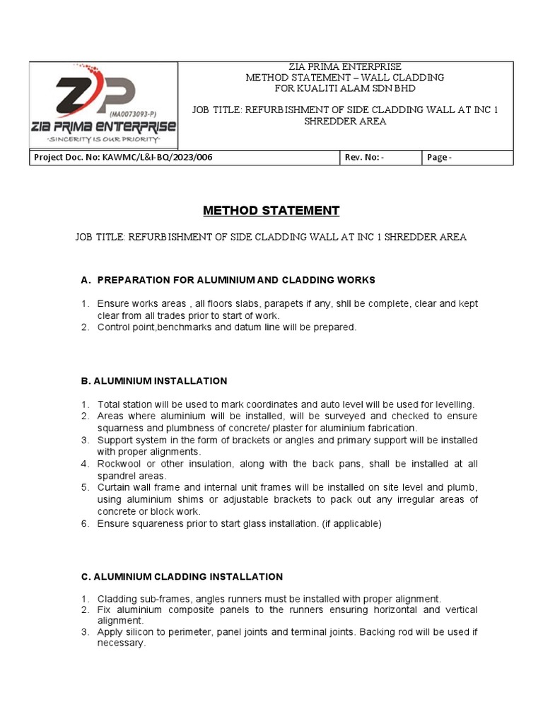 Ms Refurbishment of Side Cladding Wall at Inc1 Shedder Area | PDF ...