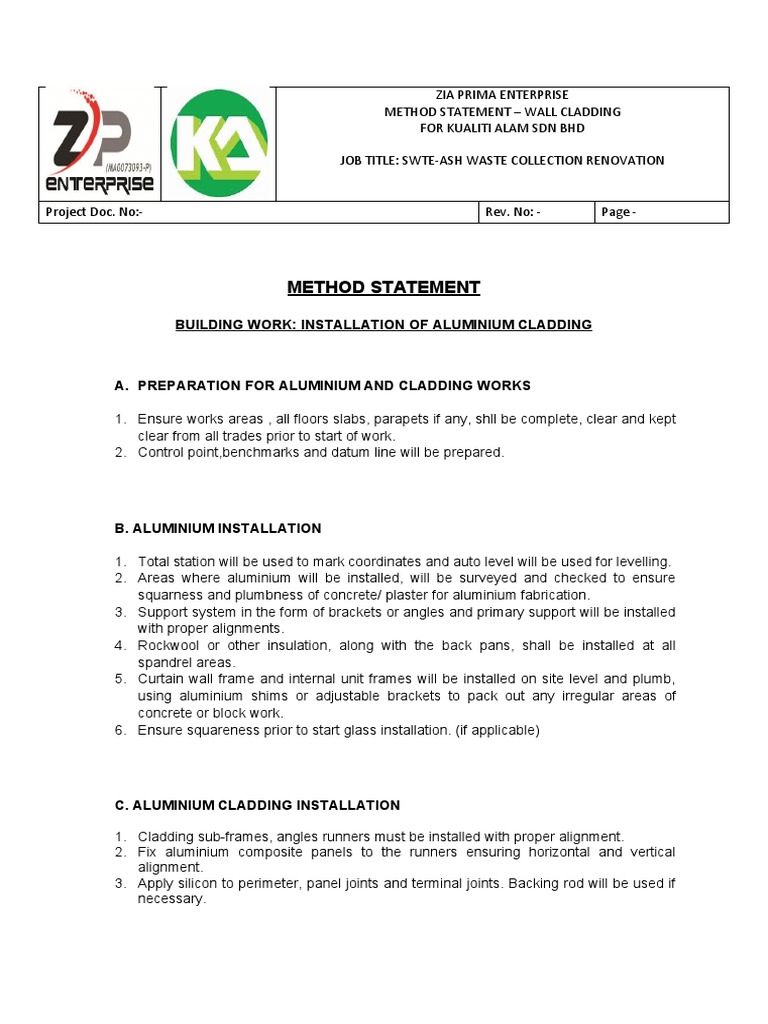 Method Statement Cladding | PDF | Wall | Building Engineering