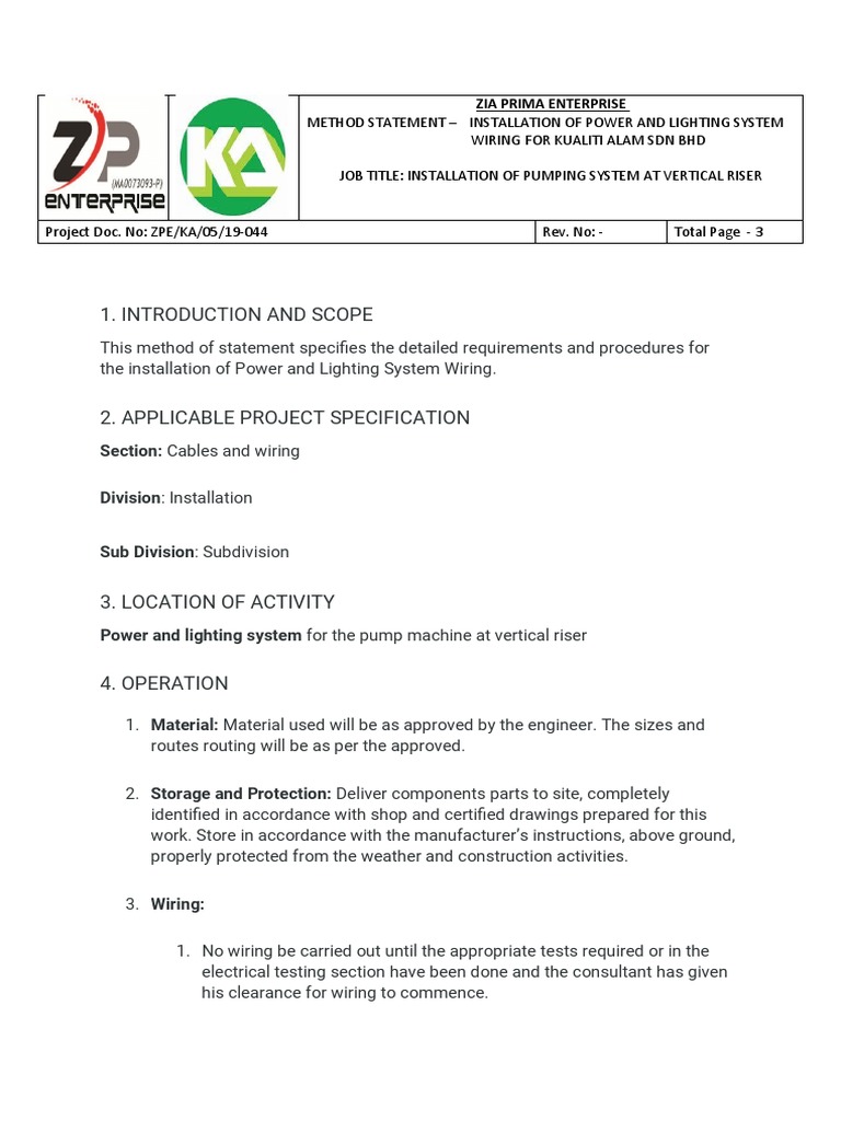 Electrical Installation Method Statement | PDF | Electrical Wiring ...
