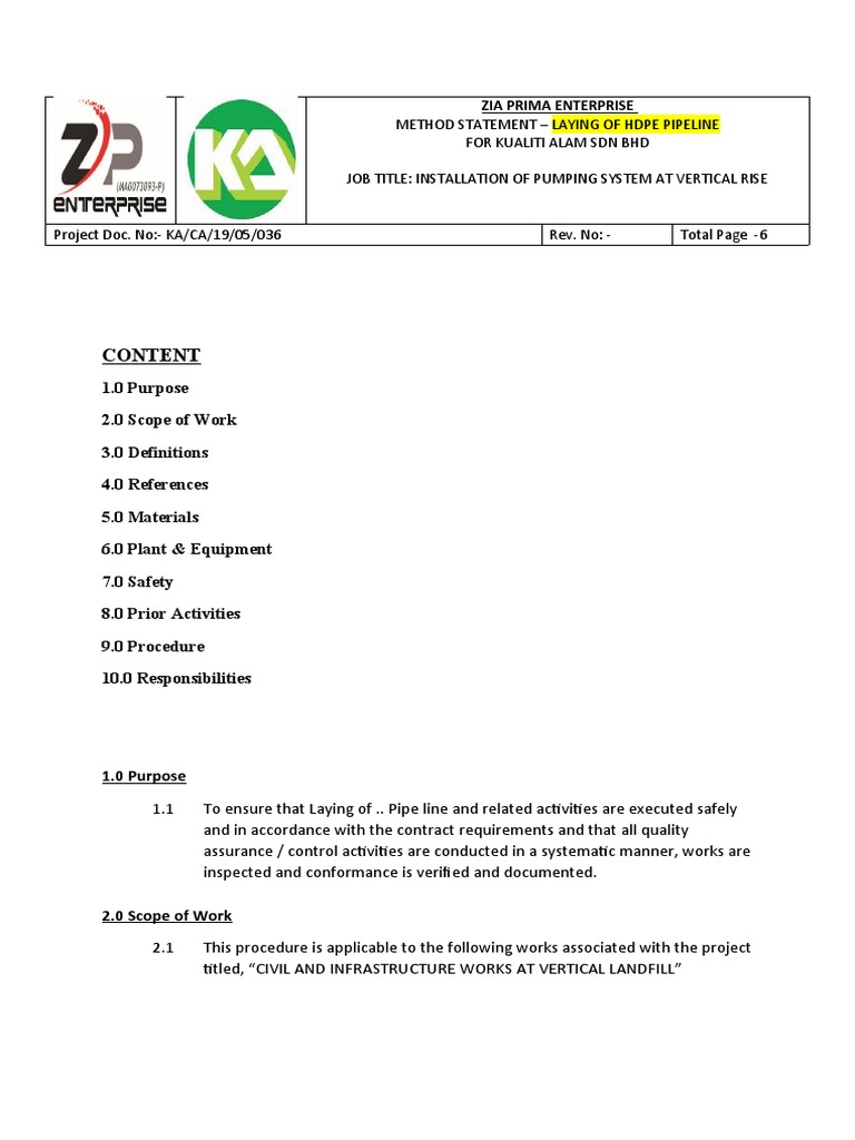 Hdpe Pipe Method Statement | PDF | Pipe (Fluid Conveyance) | Mechanical ...