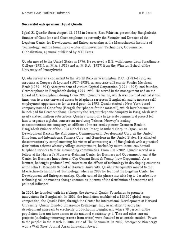 Successful Entrepreneur: Iqbal Quadir Iqbal Z. Quadir (Born August 13 ...