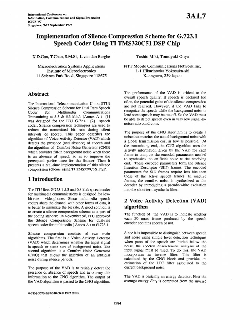 Implementation Of Silence Compression Scheme For G7231 Speech Coder Using Ti Tms320c51 Pdf