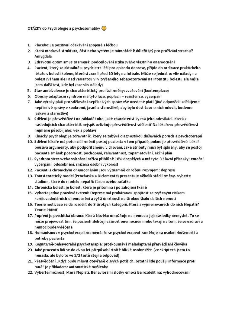 Psychologie A Psychosomatika Otázky | PDF