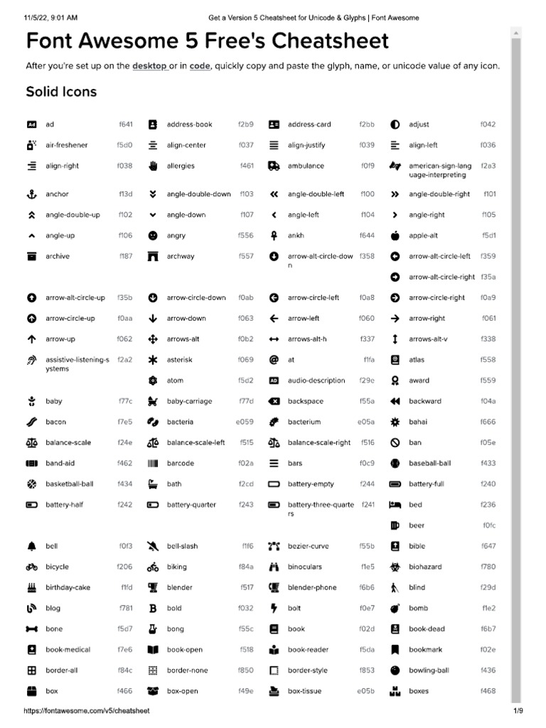 Fontawsome Cheat Sheet | PDF