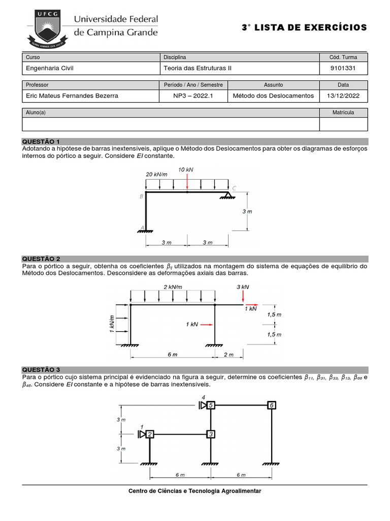 Teoria Das Estruturas 2 - Lista 3 - Met. Deslocamentos | PDF