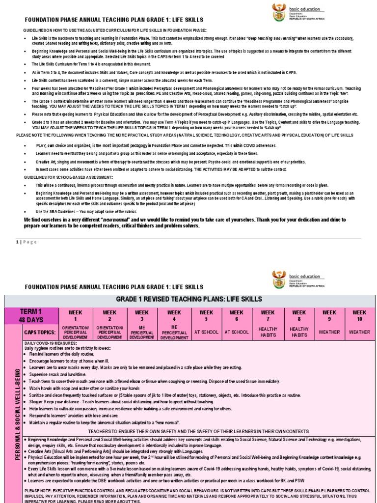 2022 Grade 1 Combined Life Skills Revised Annual Teaching Plans | PDF ...