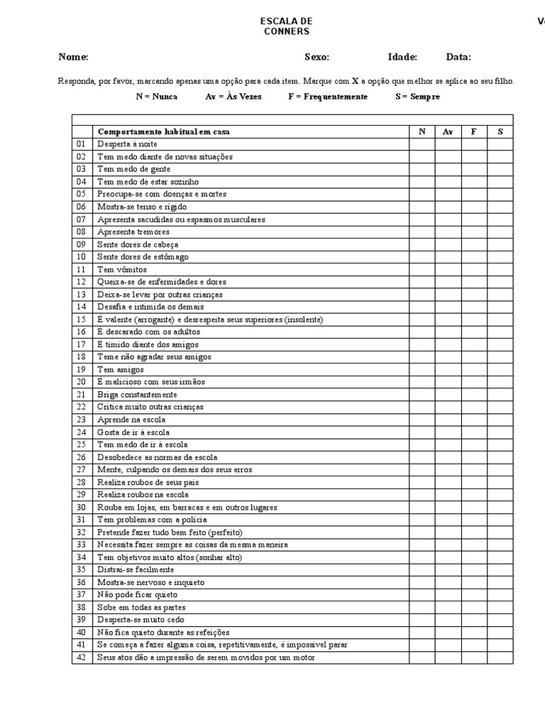 Escala de Conners -TDAH Versão para Pais | PDF | Transtorno de déficit ...