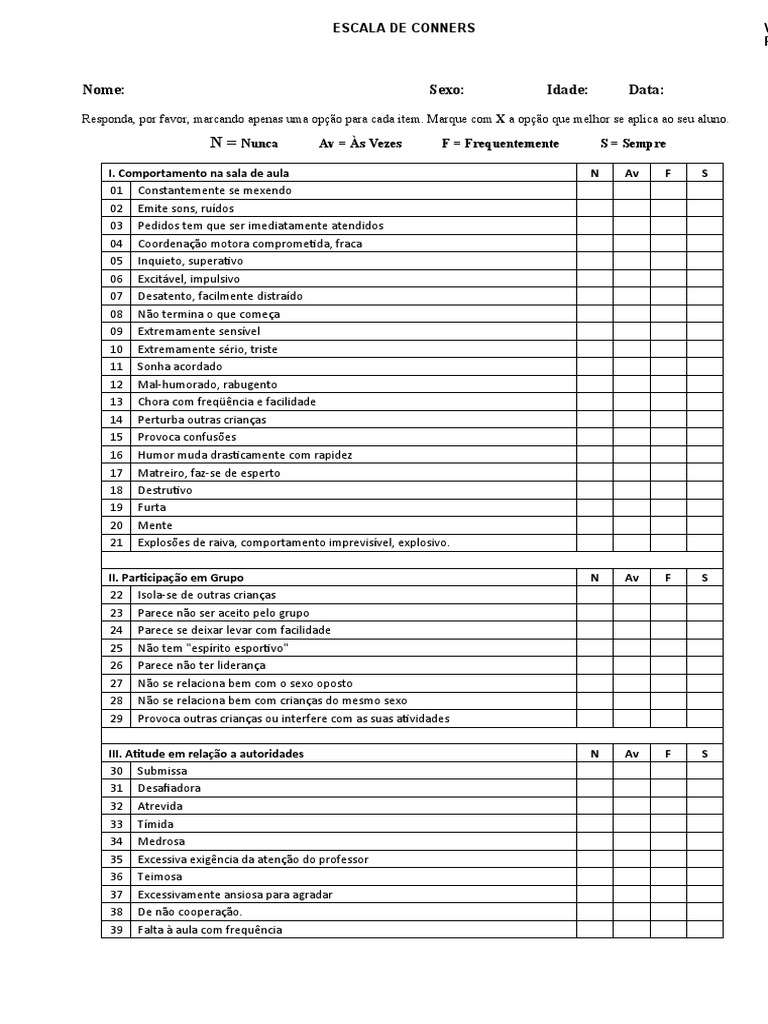Escala de Conners - Versão para Professores | PDF | Transtorno de ...