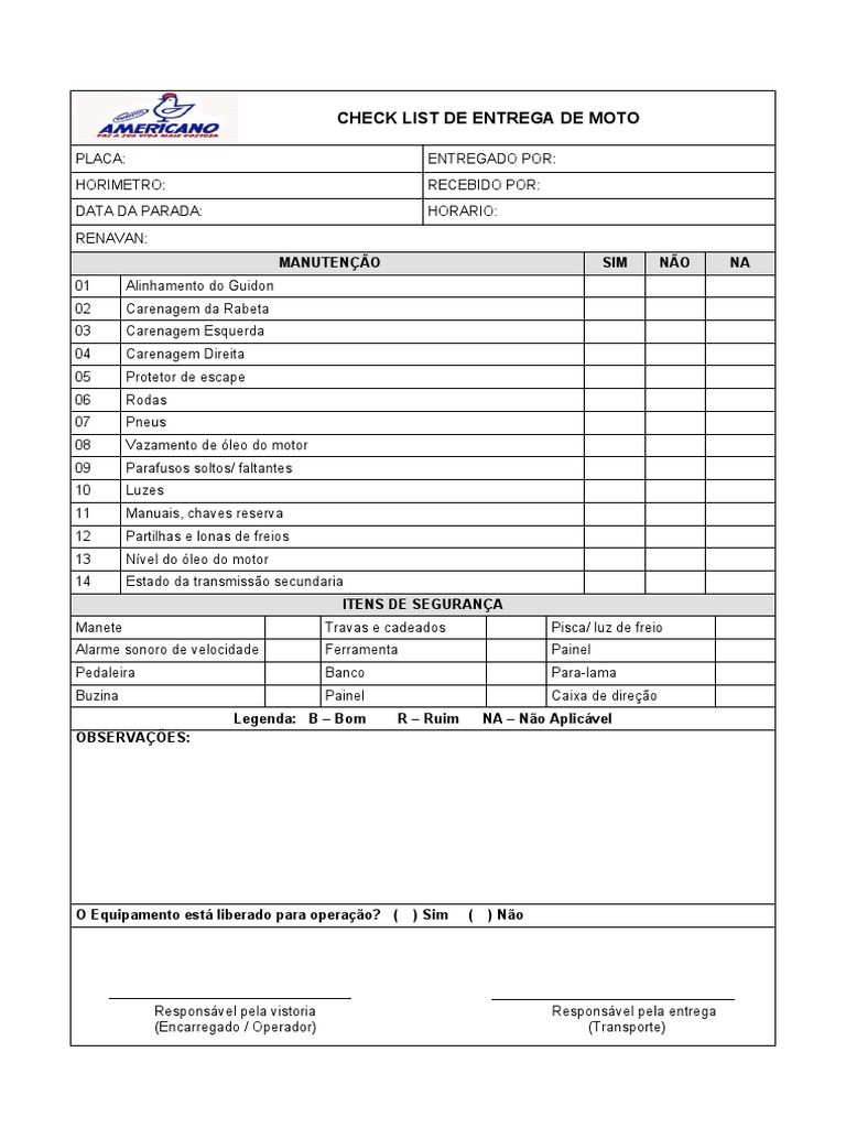Check list de inspeção de entrega de motocicleta | PDF