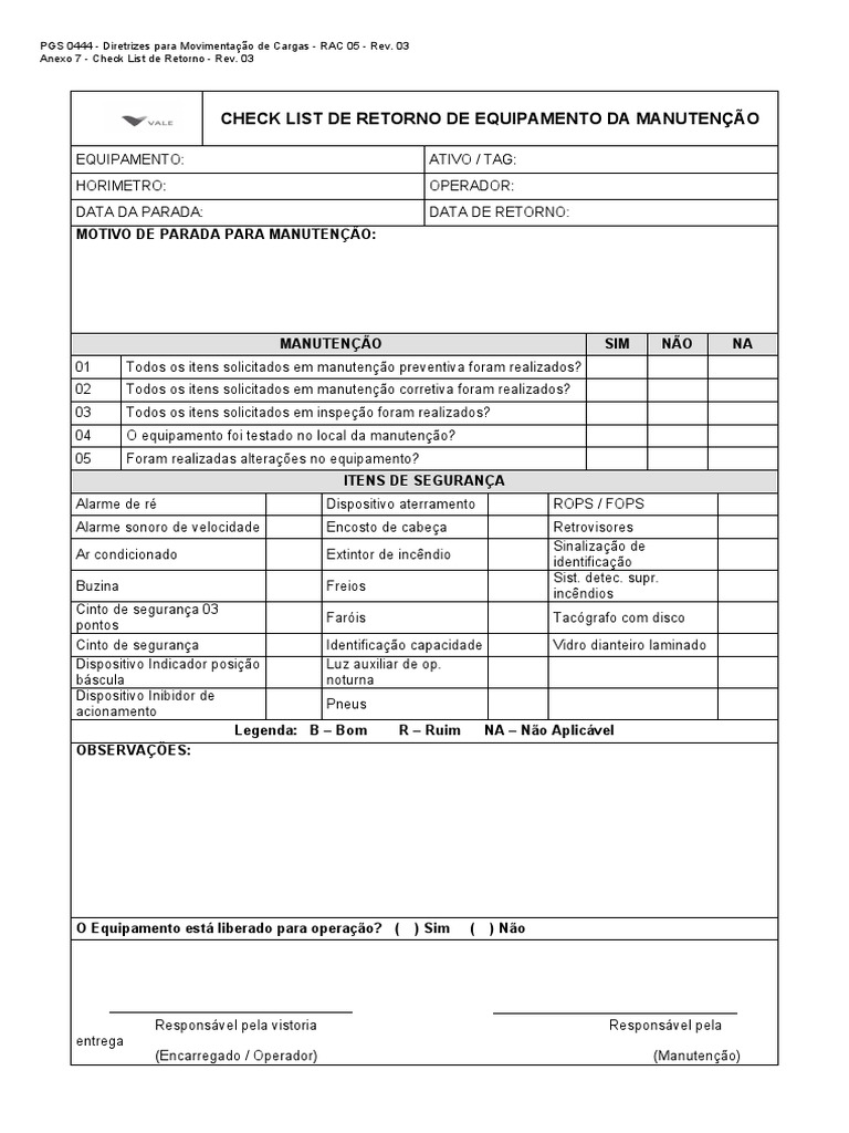 Check List de Retorno de Equipamento: Verificação de Itens de ...
