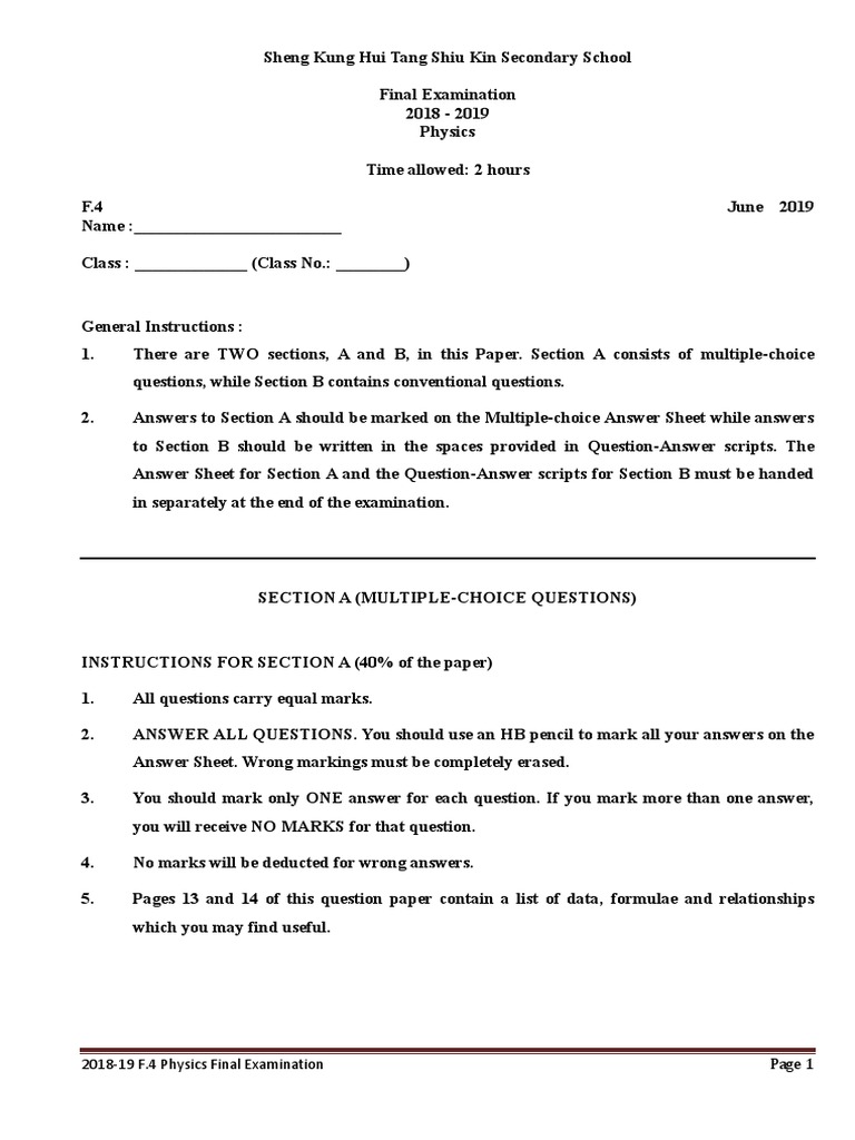 1819-F4-Physics-final Exam | PDF | Force | Collision