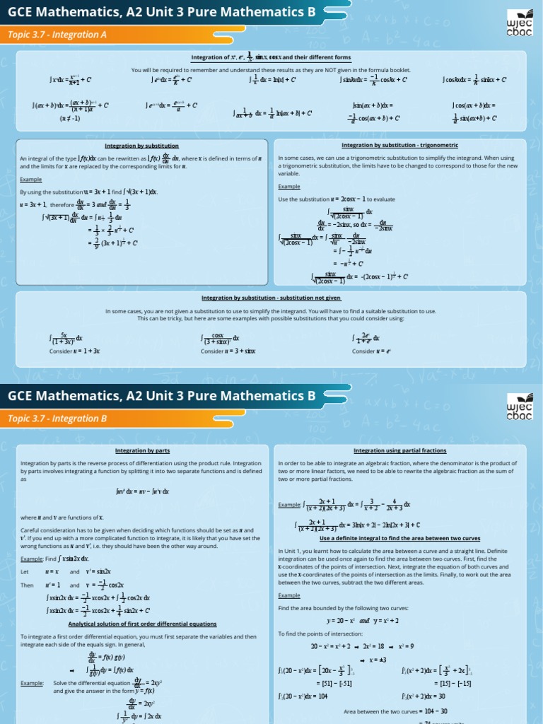 Wjec Gce Mathematics Unit 3 7 Integration | PDF | Integral | Equations