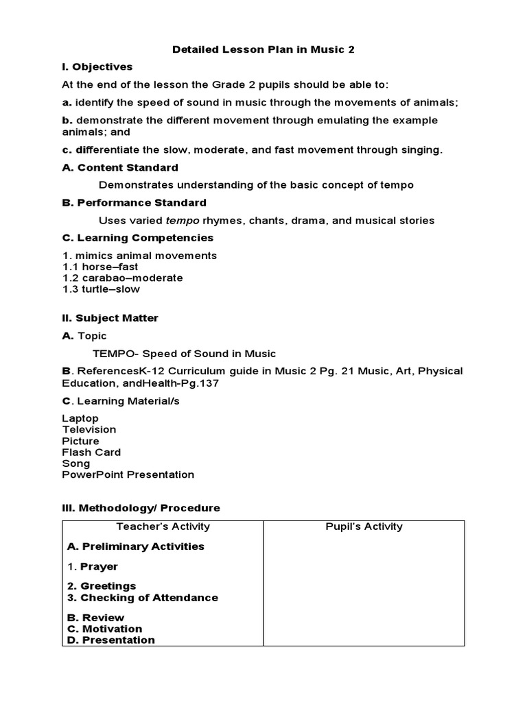 Grade 2 Music Lesson on Tempo | PDF | Language Arts & Discipline ...