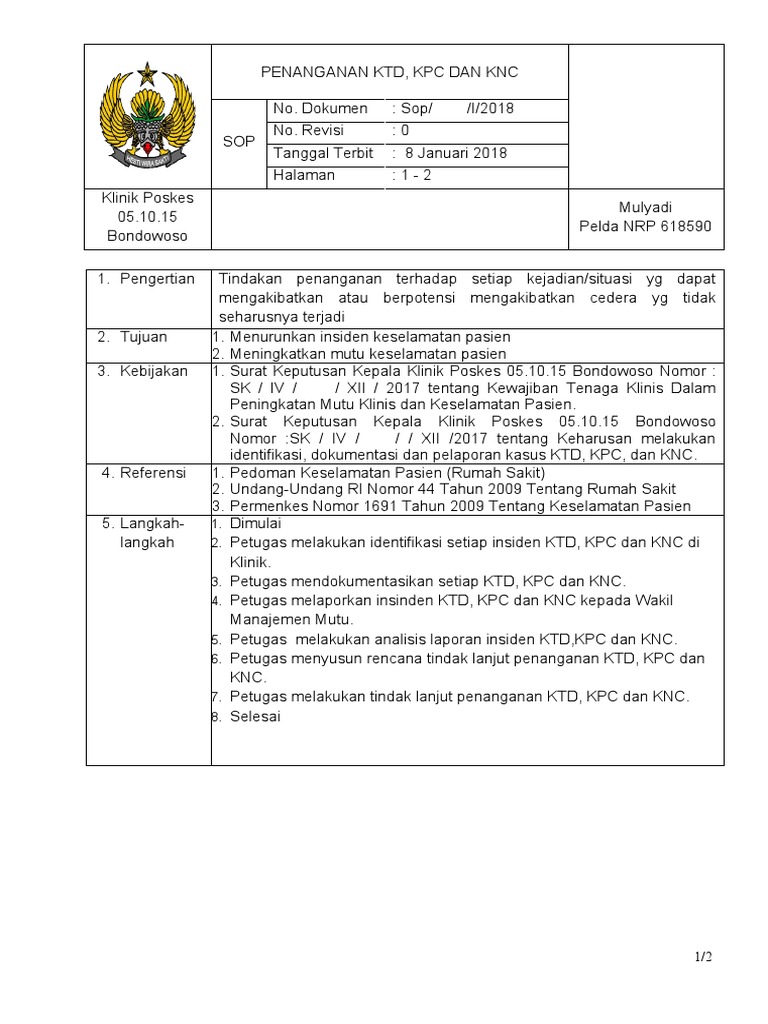 SOP Penanganan KTD, KPC Dan KNC | PDF