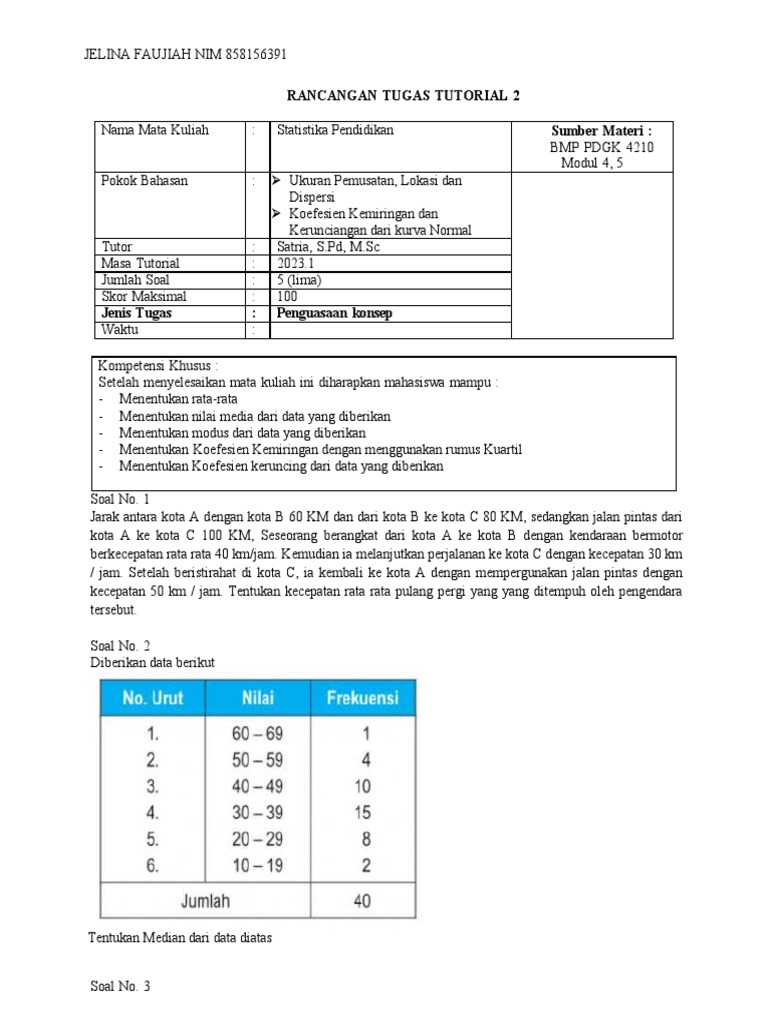 TT - 2 - Stat - Pend - JELINA FAUJIAH - NIM 858156391 | PDF
