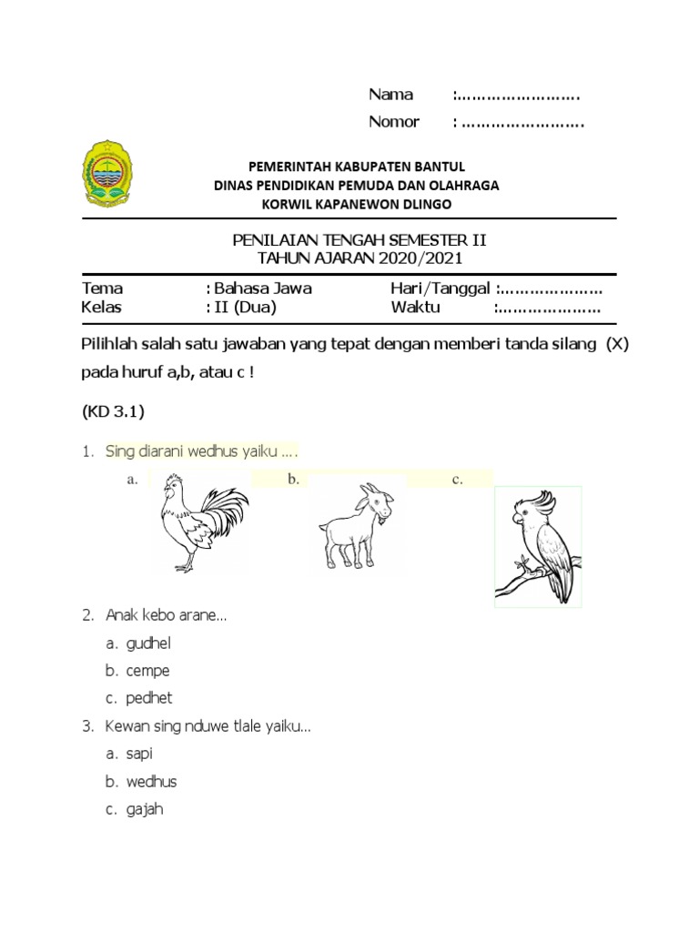 Kelas 2 - Soal Pts Bahasa Jawa | PDF