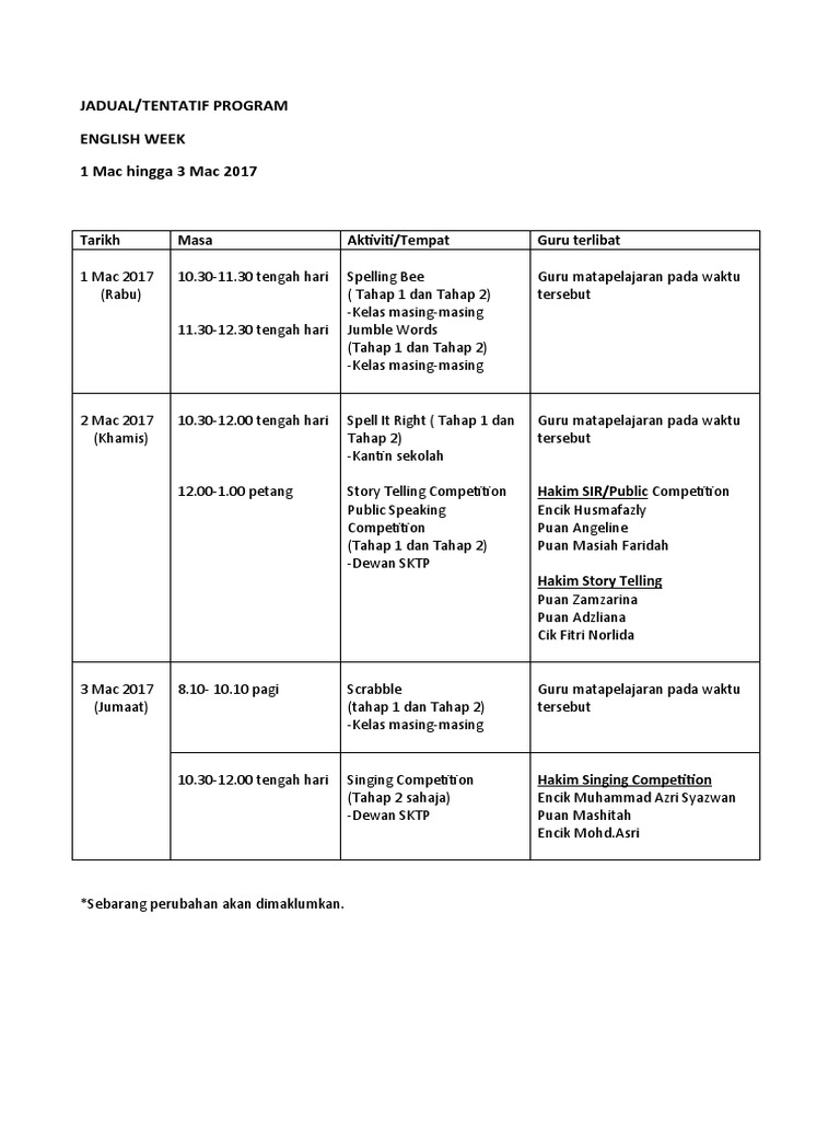 Jadual Tentatif English Week 2017 | PDF