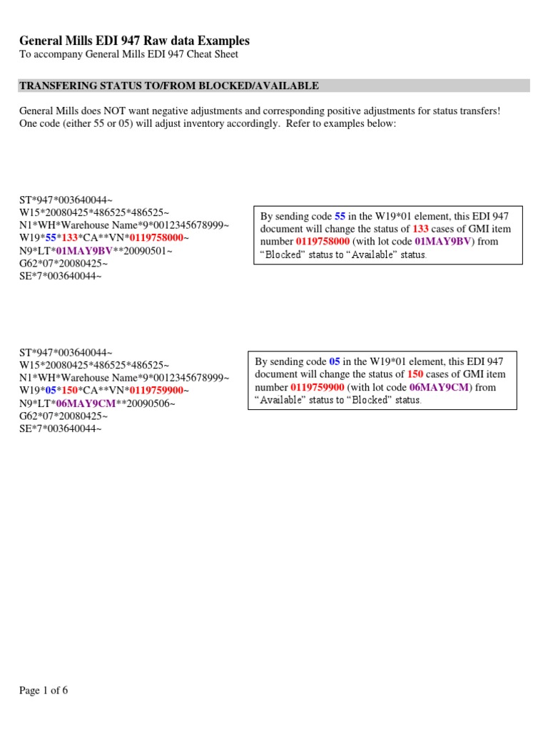 wGMI EDI 947 Cheat Sheet Raw Data Examples | PDF | Electronic Data Interchange | Data