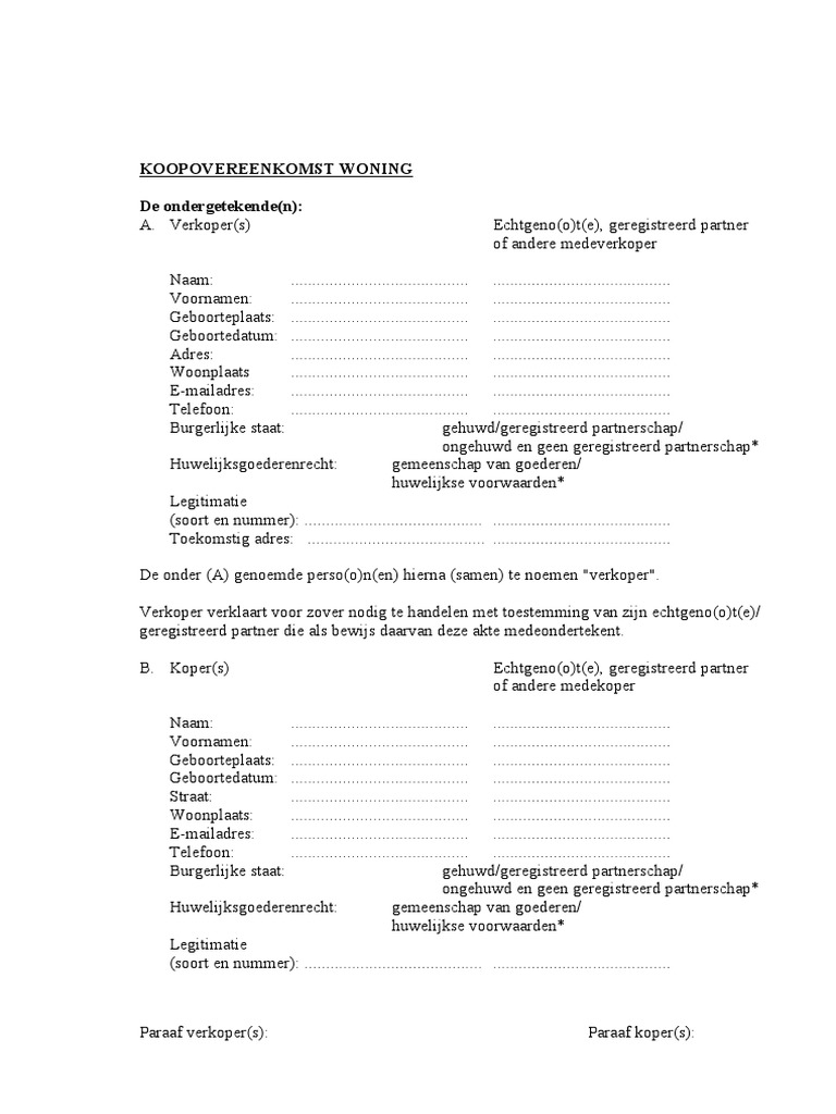 Koopovereenkomst Bestaande Eengezinswoning (Model 2021) | PDF