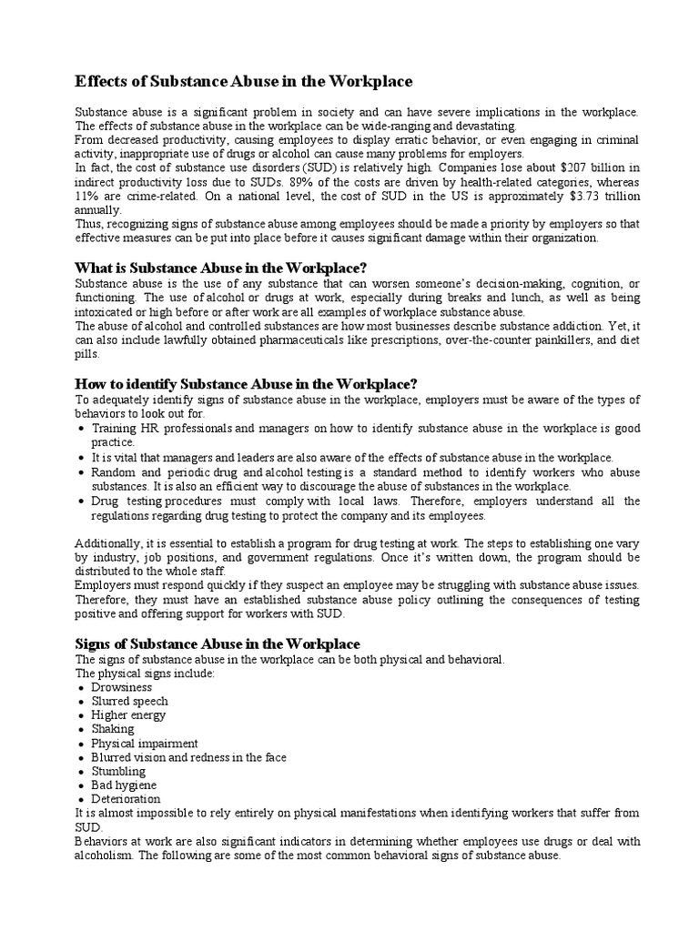 Effects of Substance Abuse in The Work Place | PDF | Substance Abuse ...