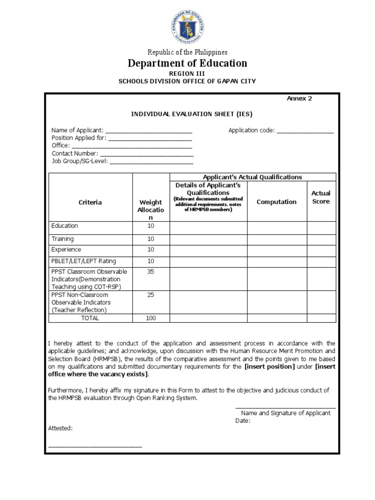 2 - INDIVIDUAL EVALUATION SHEET IES DO. 07 S of 2023 | PDF