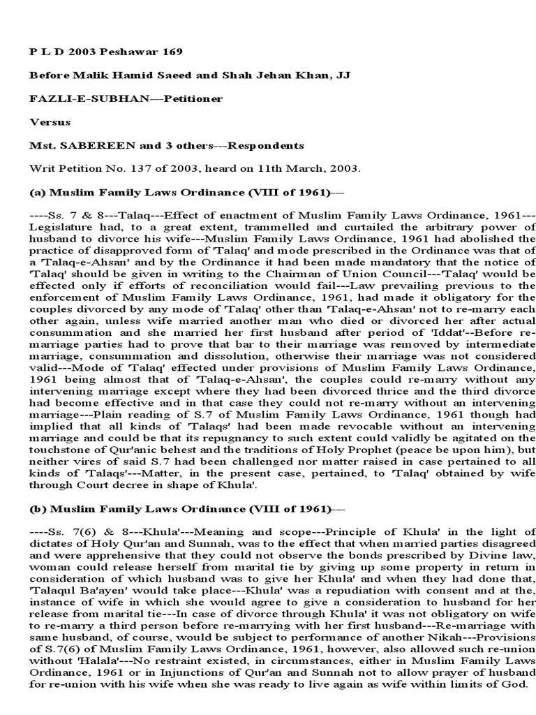 PLD 2003 Peshawar 169 G | PDF | Marriage | Sharia