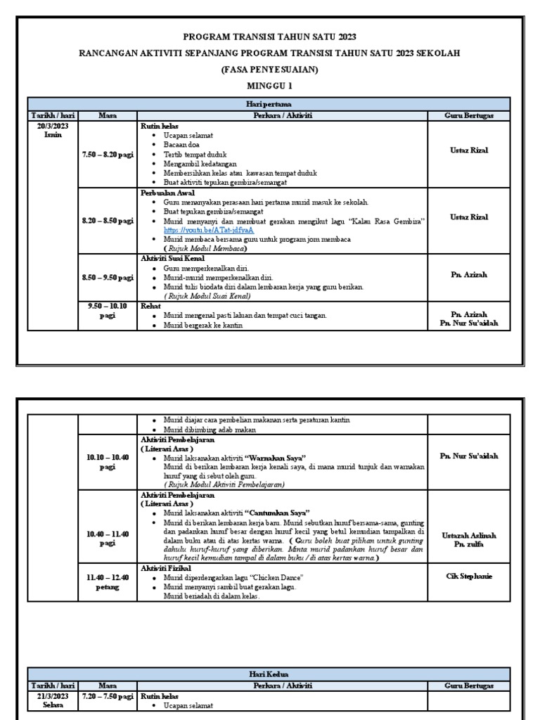 Jadual Program Transisi Minggu 1 | PDF