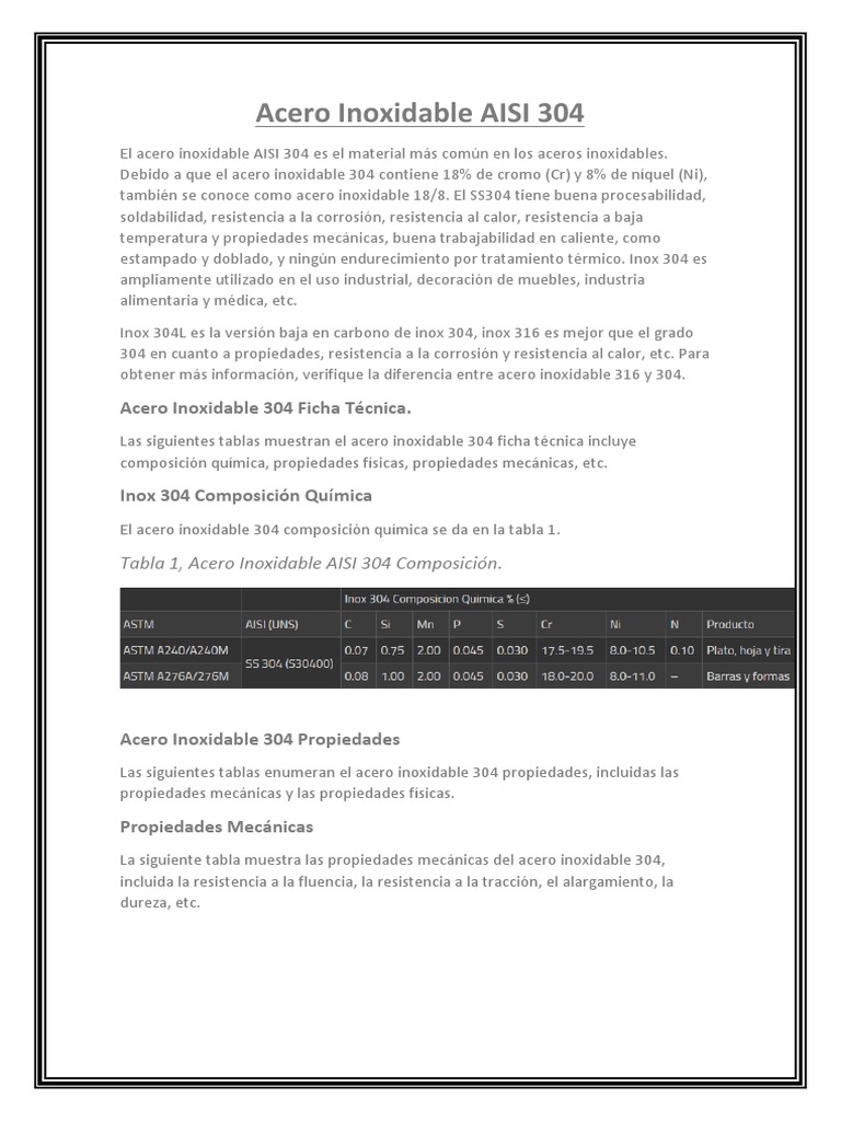 Acero Inoxidable AISI 304 | PDF | Acero inoxidable | Acero