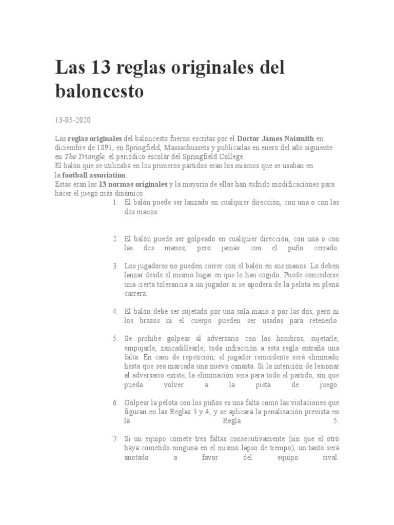 Las 13 Reglas Originales Del Baloncesto | PDF | Deportes de equipo ...