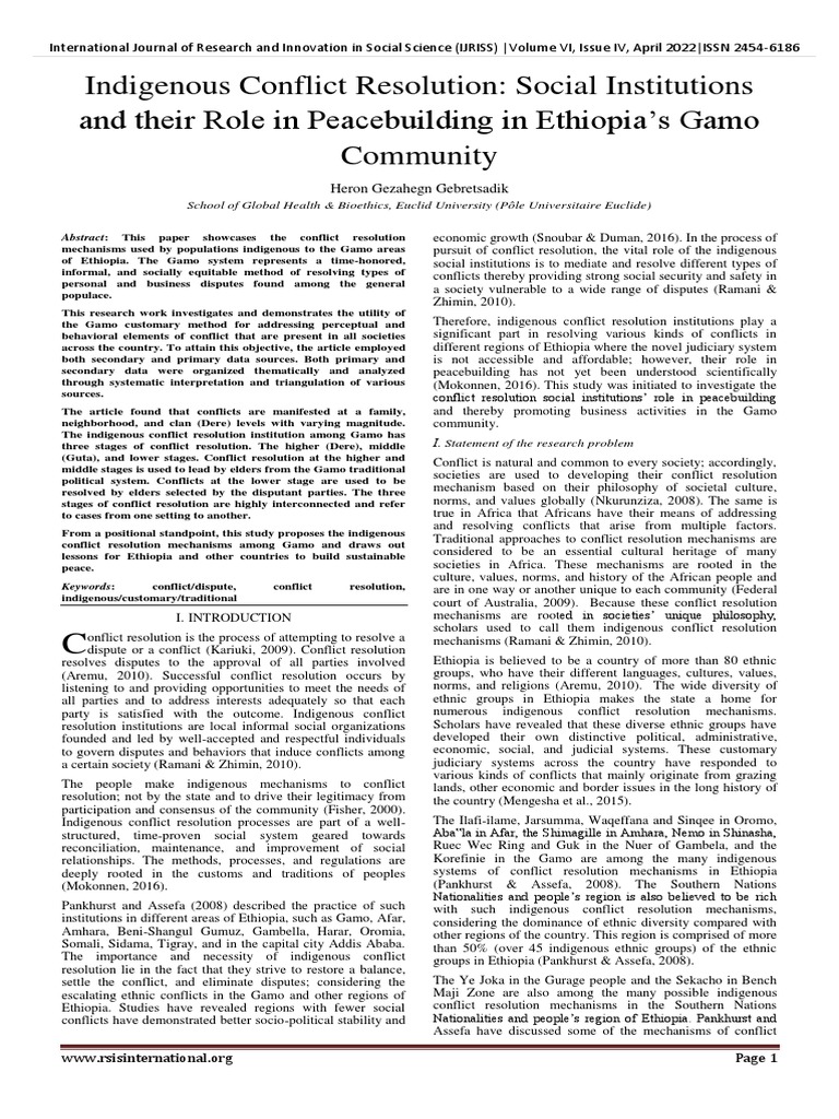 Indigenous Conflict Resolution: Social Institutions and Their Role in ...