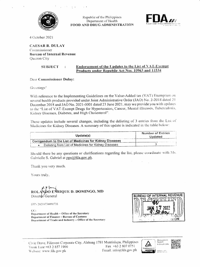 RMC No. 5-2022 FDA Letter | PDF | Garden Plants | Medicinal Plants
