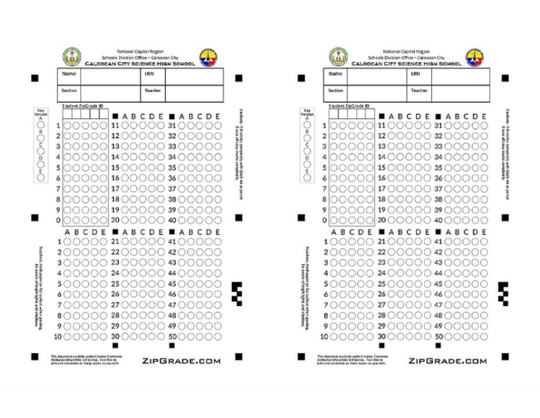 ZipGrade Answer Sheet 50-Items | PDF