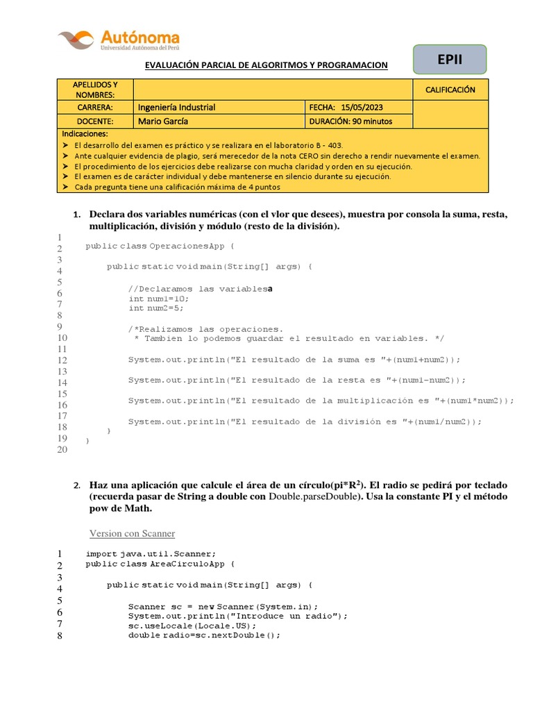 Examen Parcial Algoritmos y Programacion | PDF | Informática teórica ...