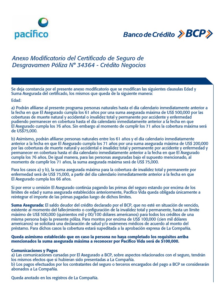 Anexo Modificatorio Seguro Desgravamen CN 34364 | PDF